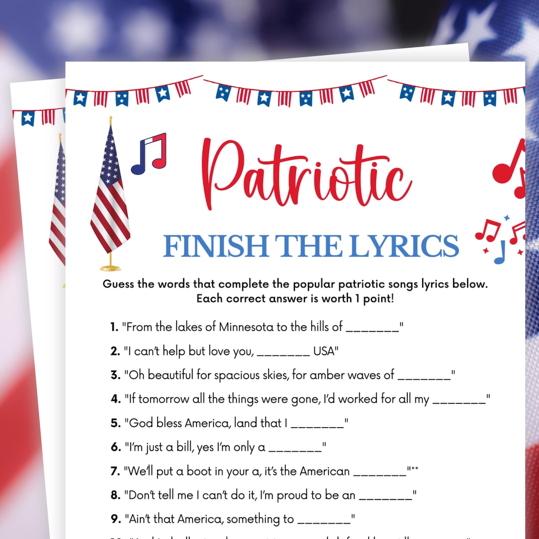 Patriotic Songs Lyrics Trivia, Printable Patriotic Games, Patriotic ...