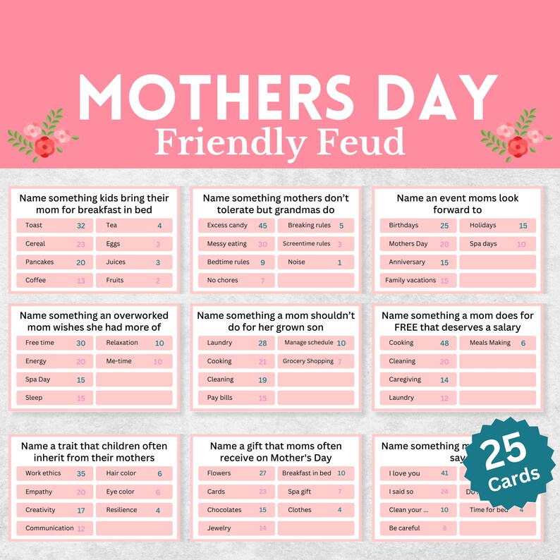 Mothers Day Games, Friendly Feud, 25 Friendly Feud CARDS, Mother's Day ...