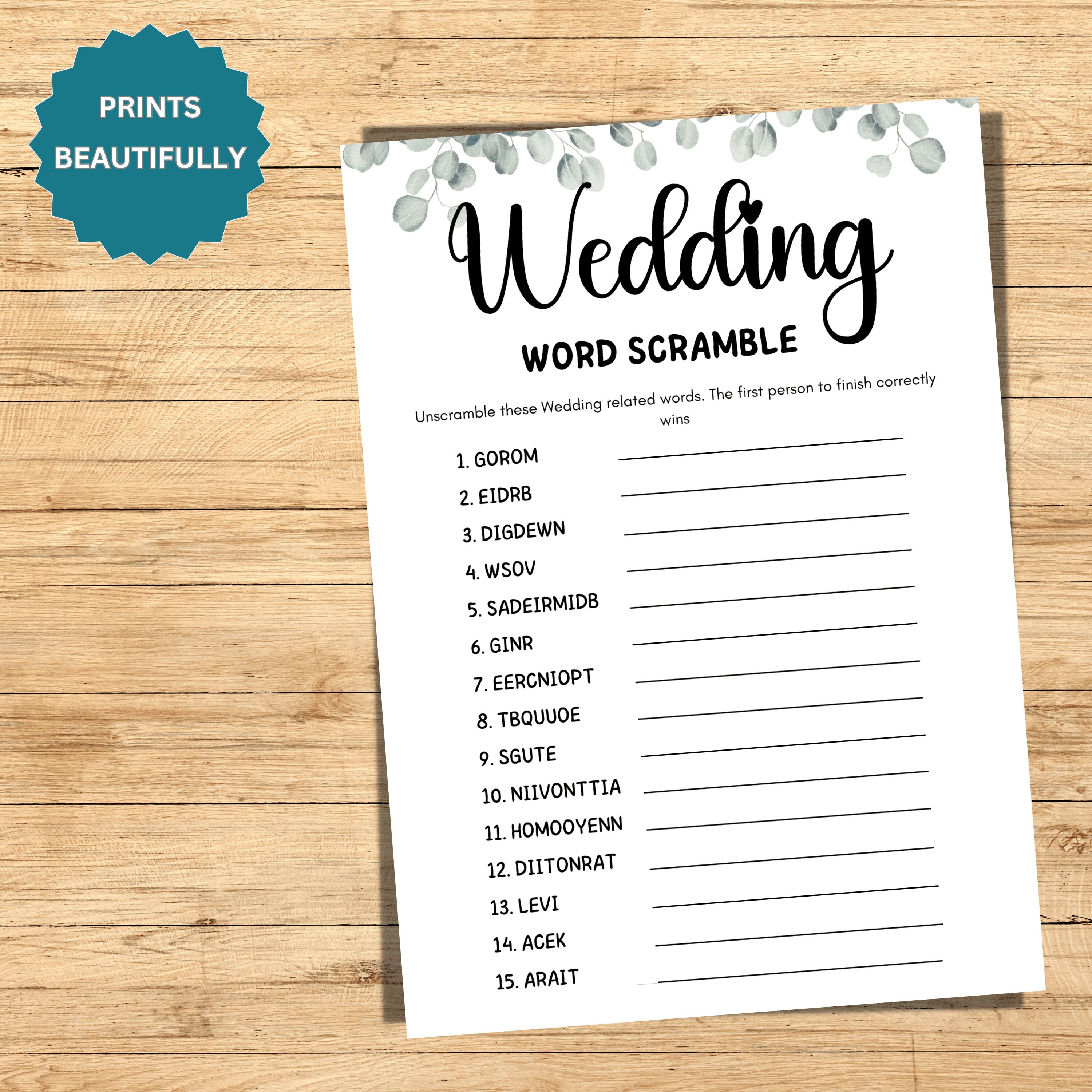 Greenery Wedding Word Scramble, Wedding Games, Printable Wedding Party ...
