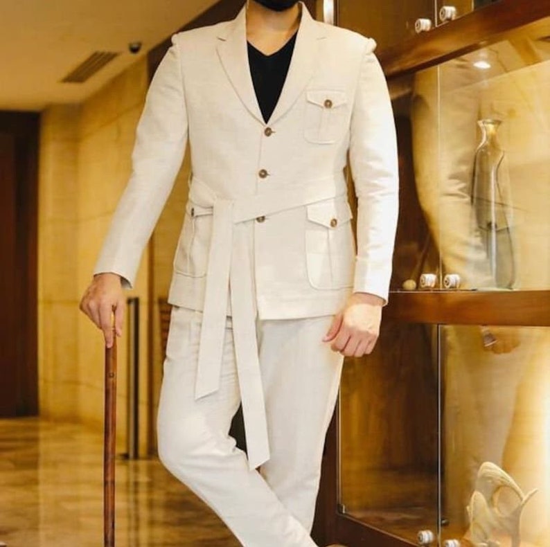 Men's Off-white 2 Piece Hunting Safari Suit Peak Lapel Suit Wedding ...