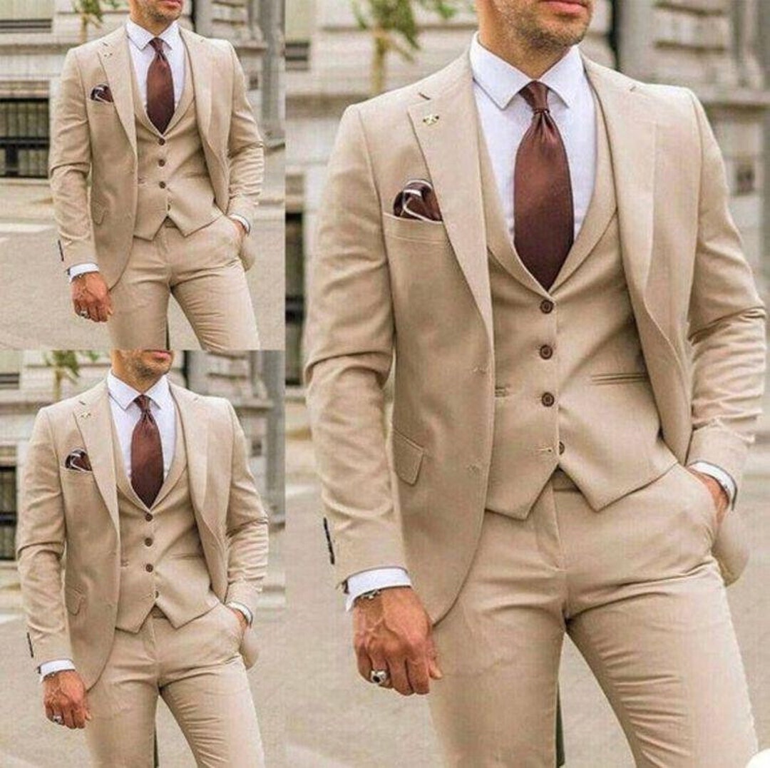 Men Beige 3 Piece Suit for Weddings Date Nights and Business Bespoke ...