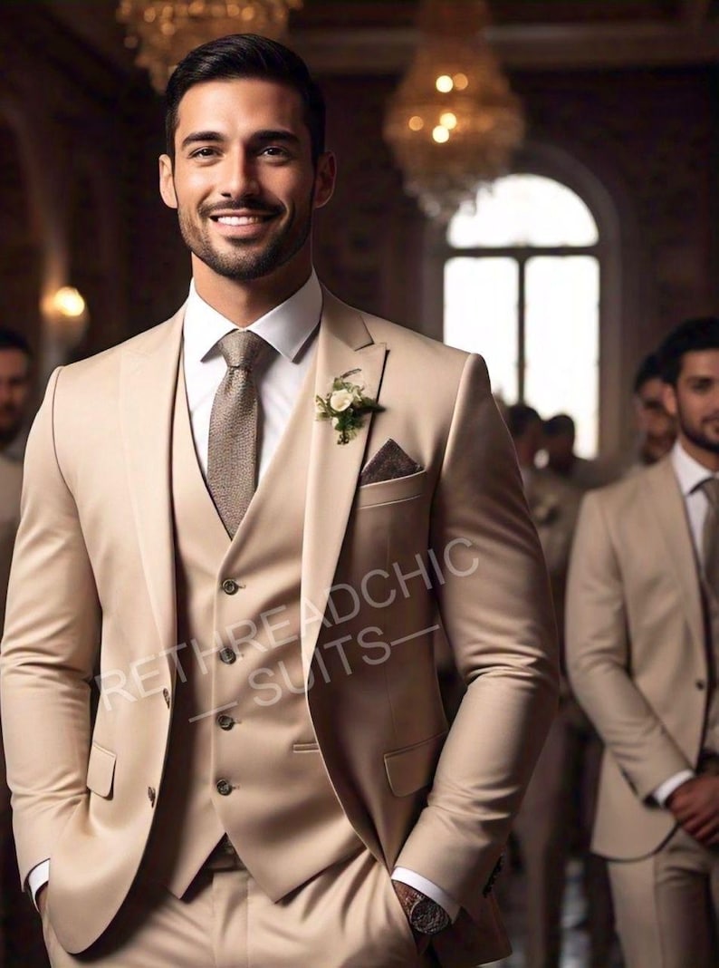 Beige 3 Piece Suit for Men - Wedding, Prom, Formal Events, Groom ...