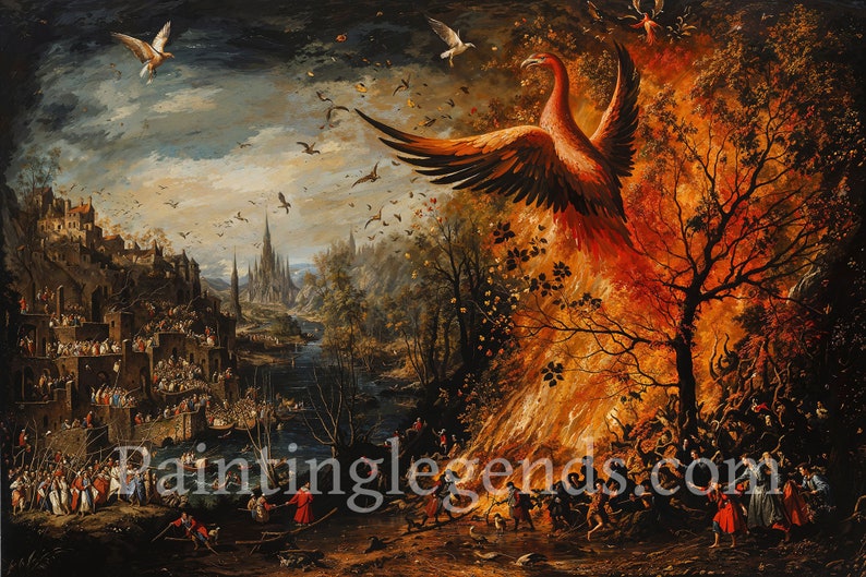 Rebirth of the Phoenix Bird, Mythology Phoenix Painting Medieval ...