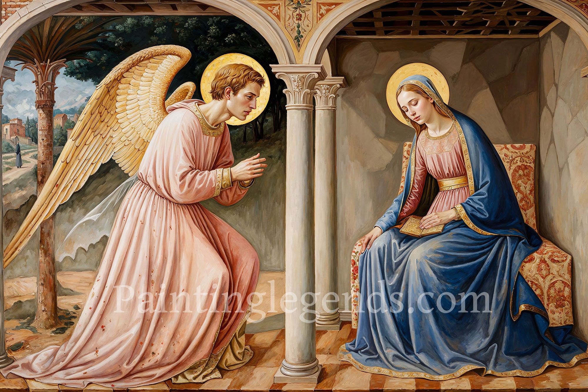 The Annunciation Painting Art - Angel Gabriel & Virgin Mary Fra Angelico Style Picture ...