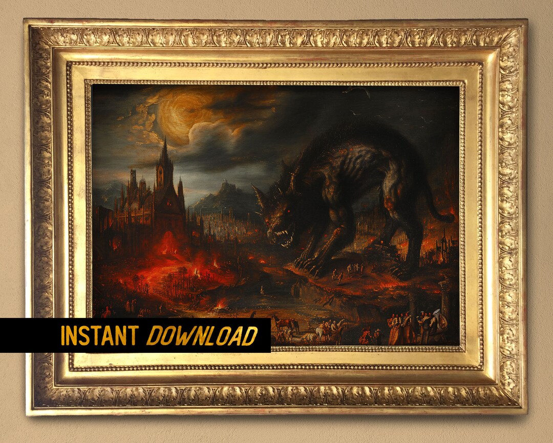 Gothic Horror City in Flames Artwork - Monstrous Beast Digital Painting ...