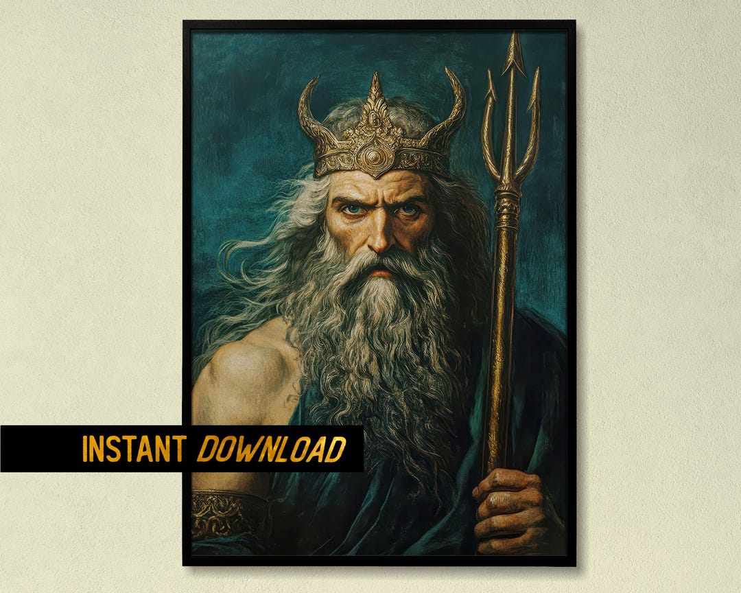 Poseidon Painting - Neptune Portrait Wall Art - Mythology Artwork of ...