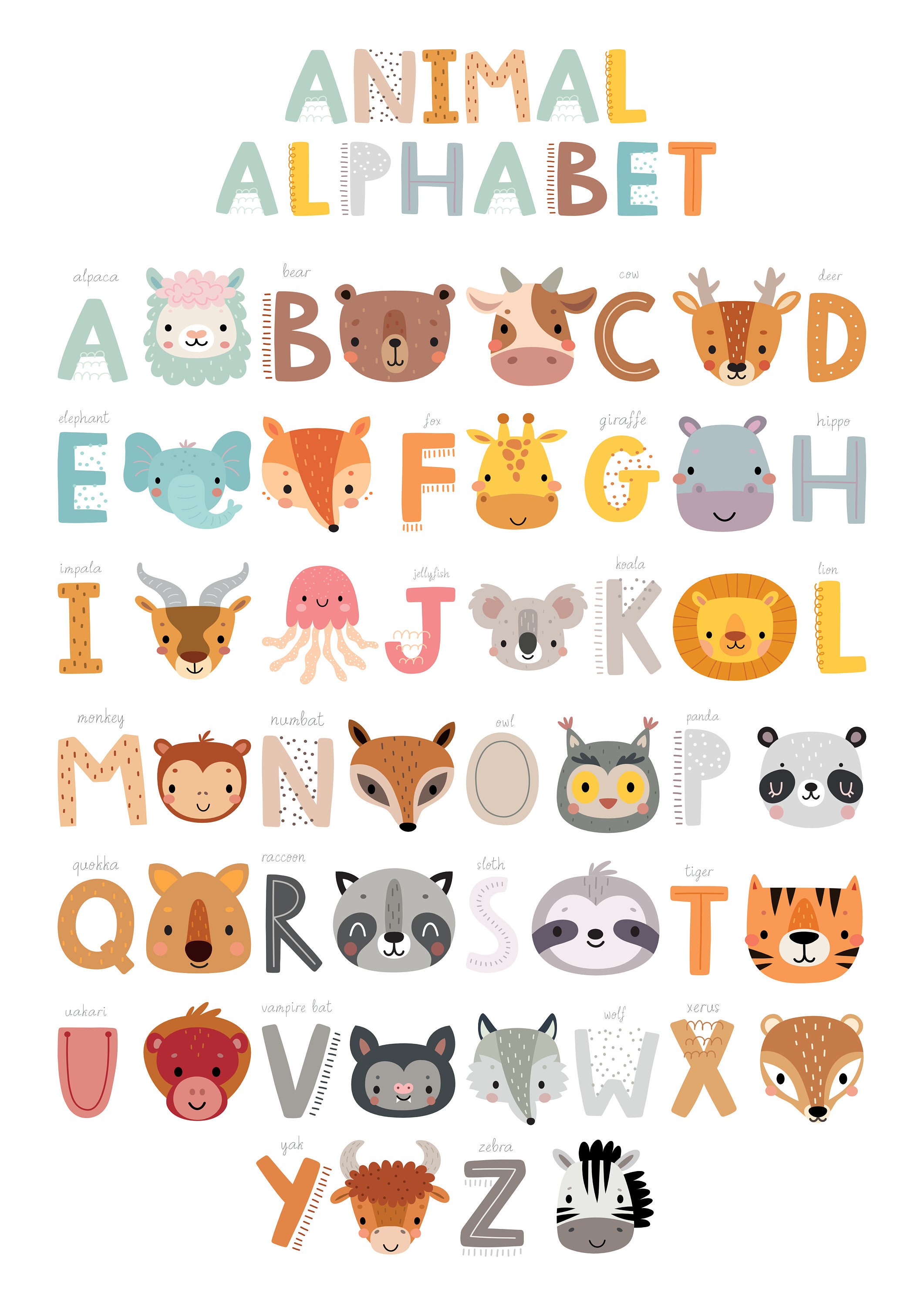 Animal Alphabet Digital Download Nursery Wall Art - Etsy