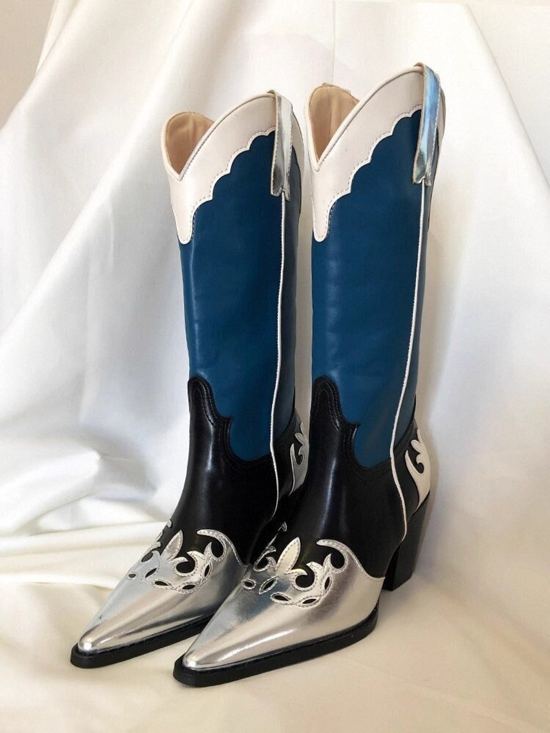 Blue Long Cowboy Boots Embroidery Cowboy Boots Knee High - Etsy