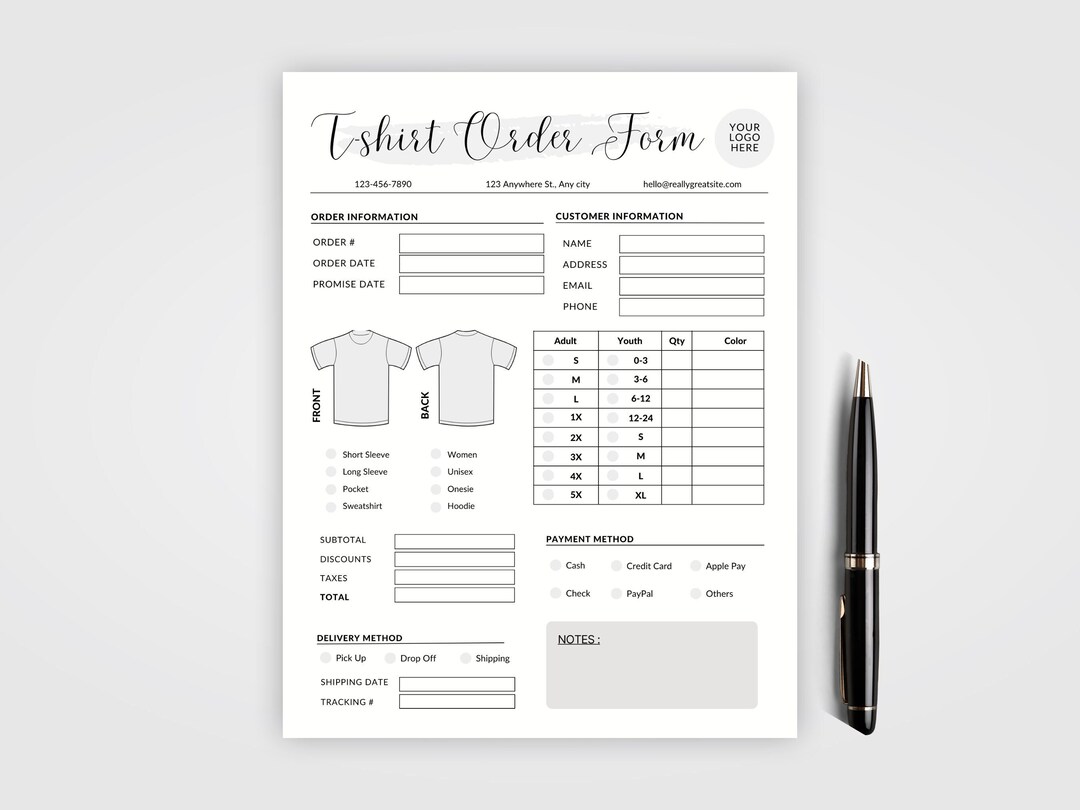 Editable T-shirt Order Form, Custom T-shirt Order Form Template ...