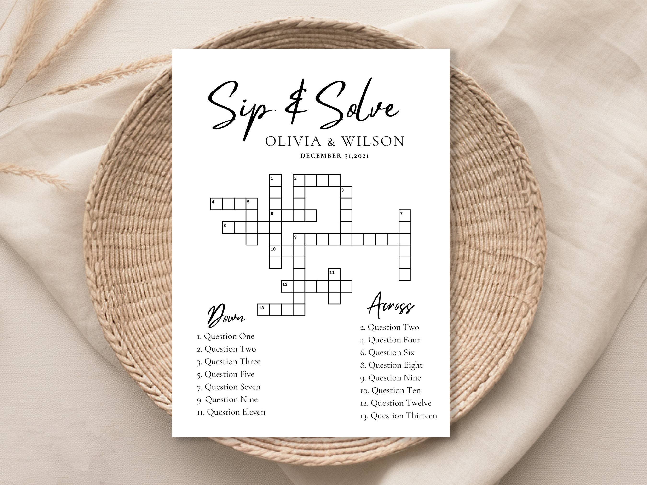 Custom Wedding Small Crossword Puzzle, Bridal Shower, Engagement Party ...