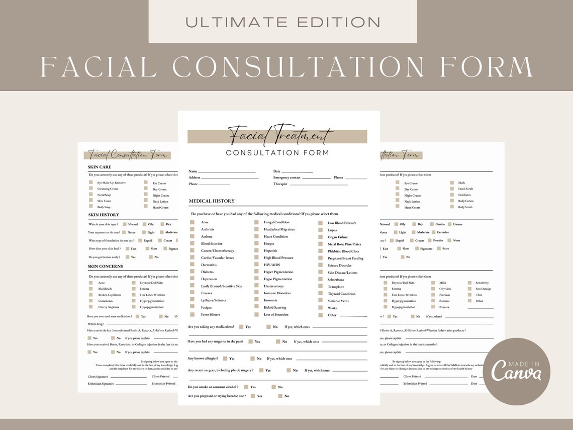 EDITABLE Facial Consultation Form, Client Intake Form, Esthetician ...