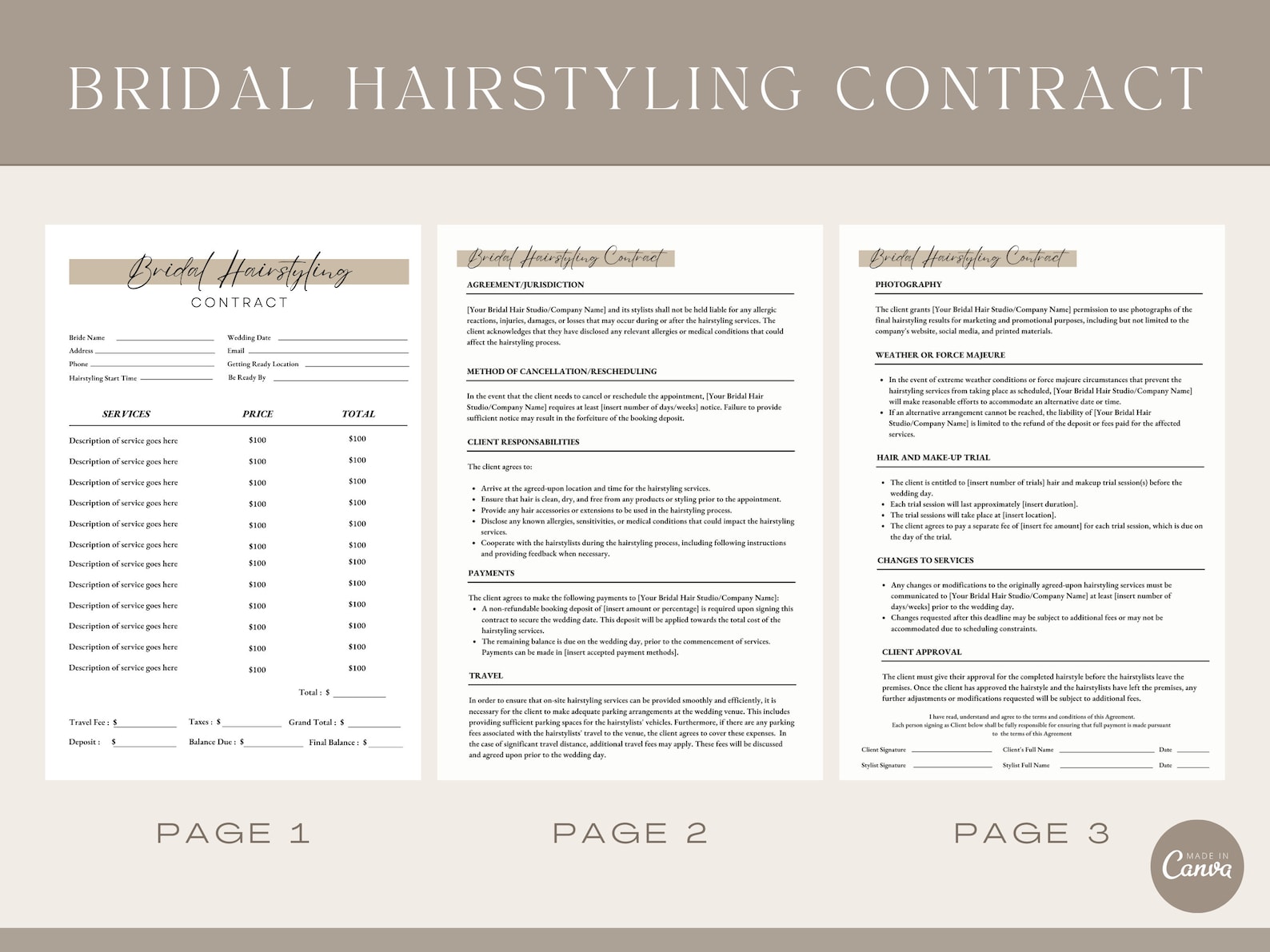 Bridal Hair Contract Template,wedding Bridal Party Salon Services ...