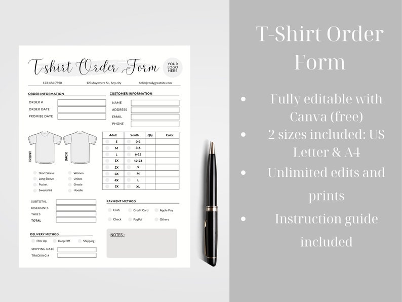Editable T-shirt Order Form, Custom T-shirt Order Form Template ...