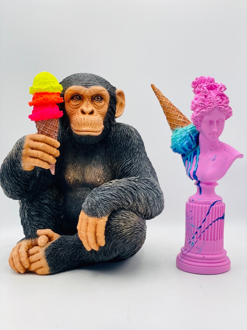 Monkey Statue With Gold Chrome Banana | Handmade Pop Art Sculpture ...