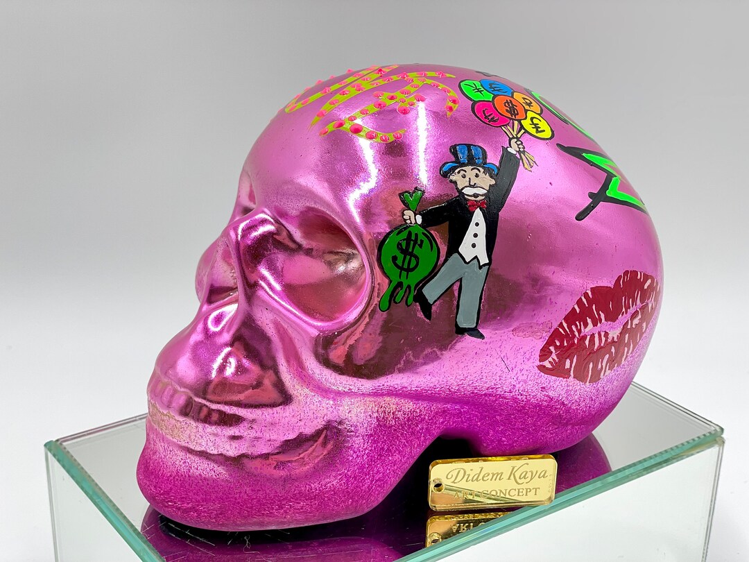 Pop Art Skull Head Statue - Pink Plated Skull Designed With Monopoly ...