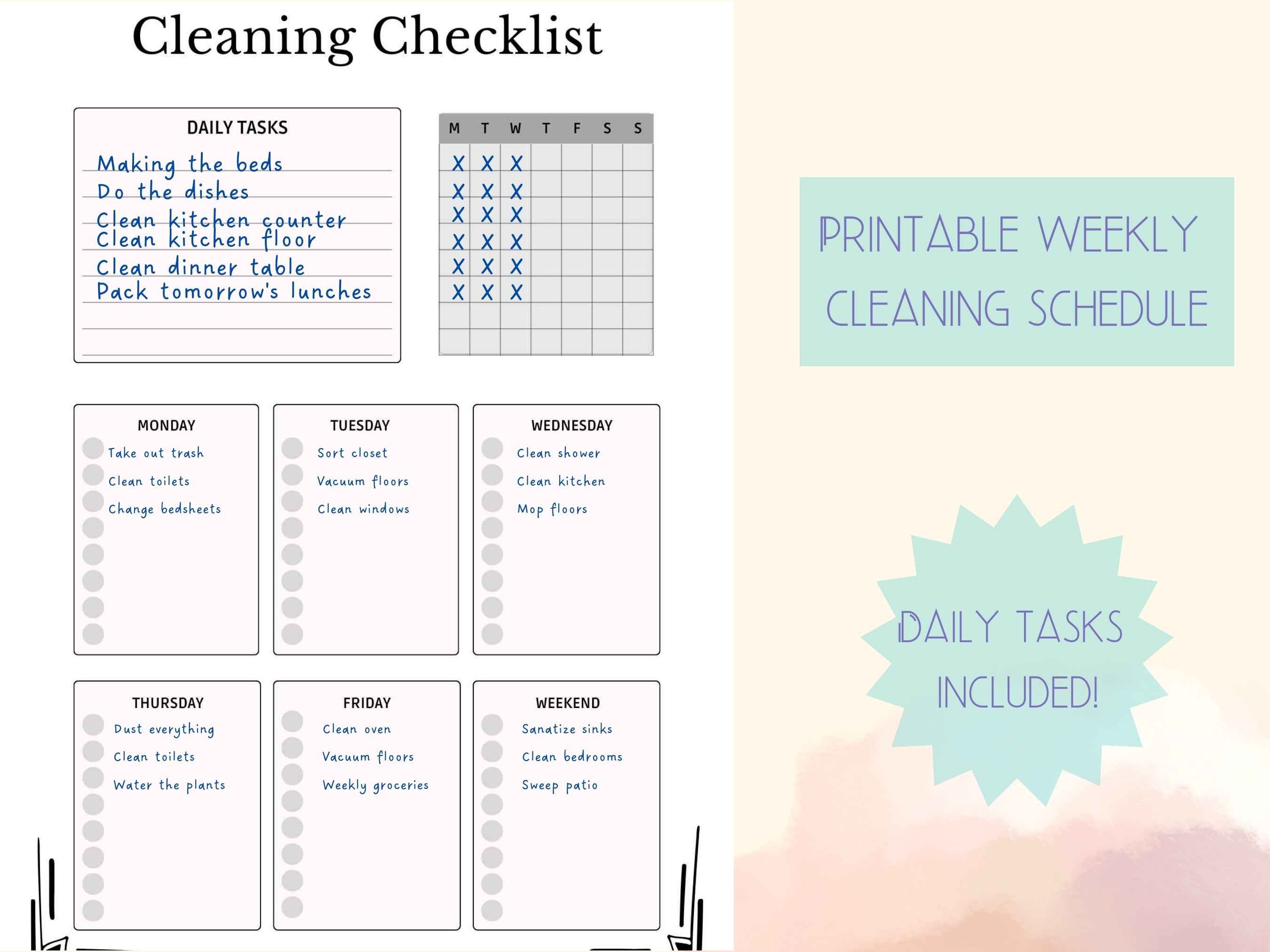 Weekly House Chores Checklist Printable Cleaning Schedule - Etsy