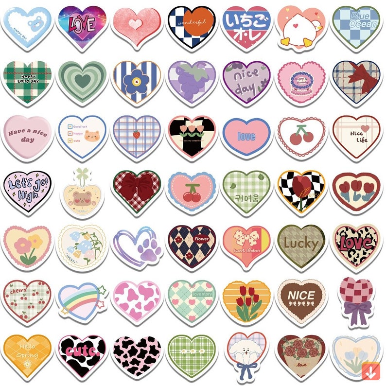 Stickers Cute Cartoon Love Heart 100pcs Kawaii Candy Colors Stickers ...