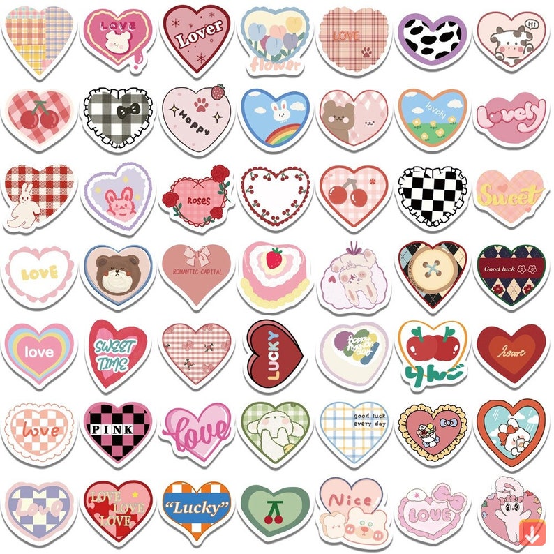 Stickers Cute Cartoon Love Heart 100pcs Kawaii Candy Colors Stickers ...