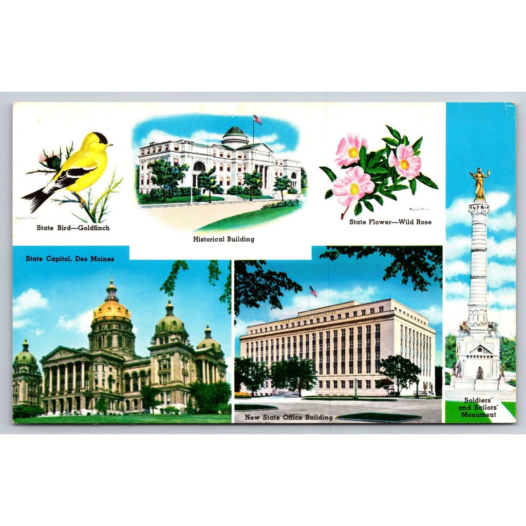 Postcard Iowa State Banner Tree Oak Bird Goldfinch Historical Building ...
