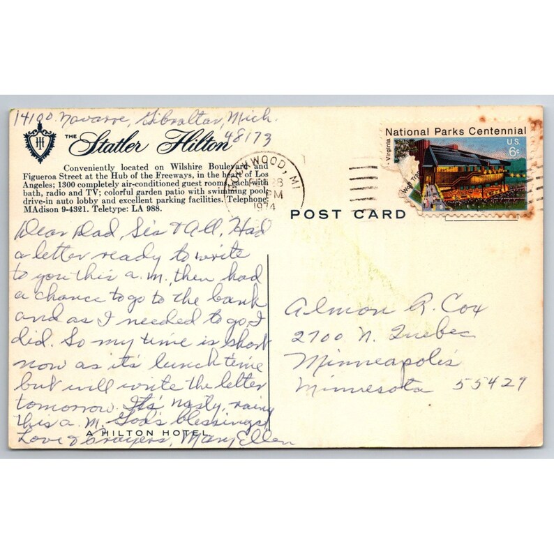 Postcard the Statler Hilton Hotel Wilshire Boulevard Los Angeles ...