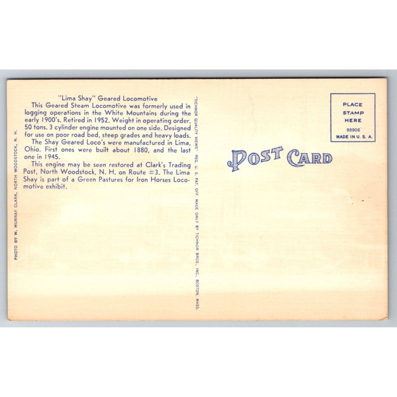 Postcard Vintage Lima Shay Geared Locomotive Tichnor 0473 - Etsy