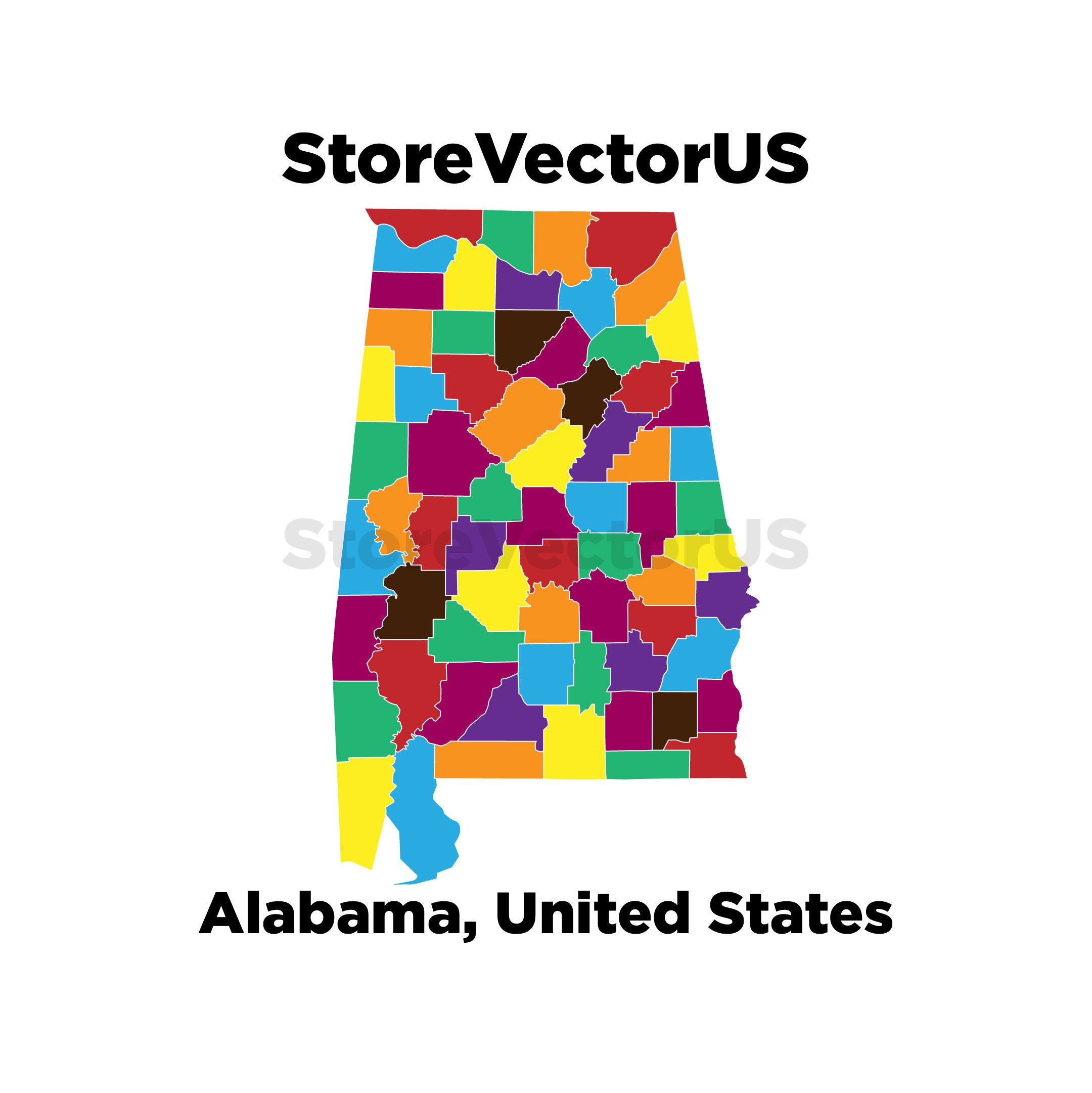 Map of Alabama - United States. Color and Contour Map of States, Solid ...