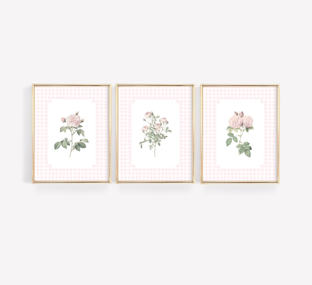 Pink Floral Nursery Print Set, Wildflower Nursery Decor, Gingham Wall ...