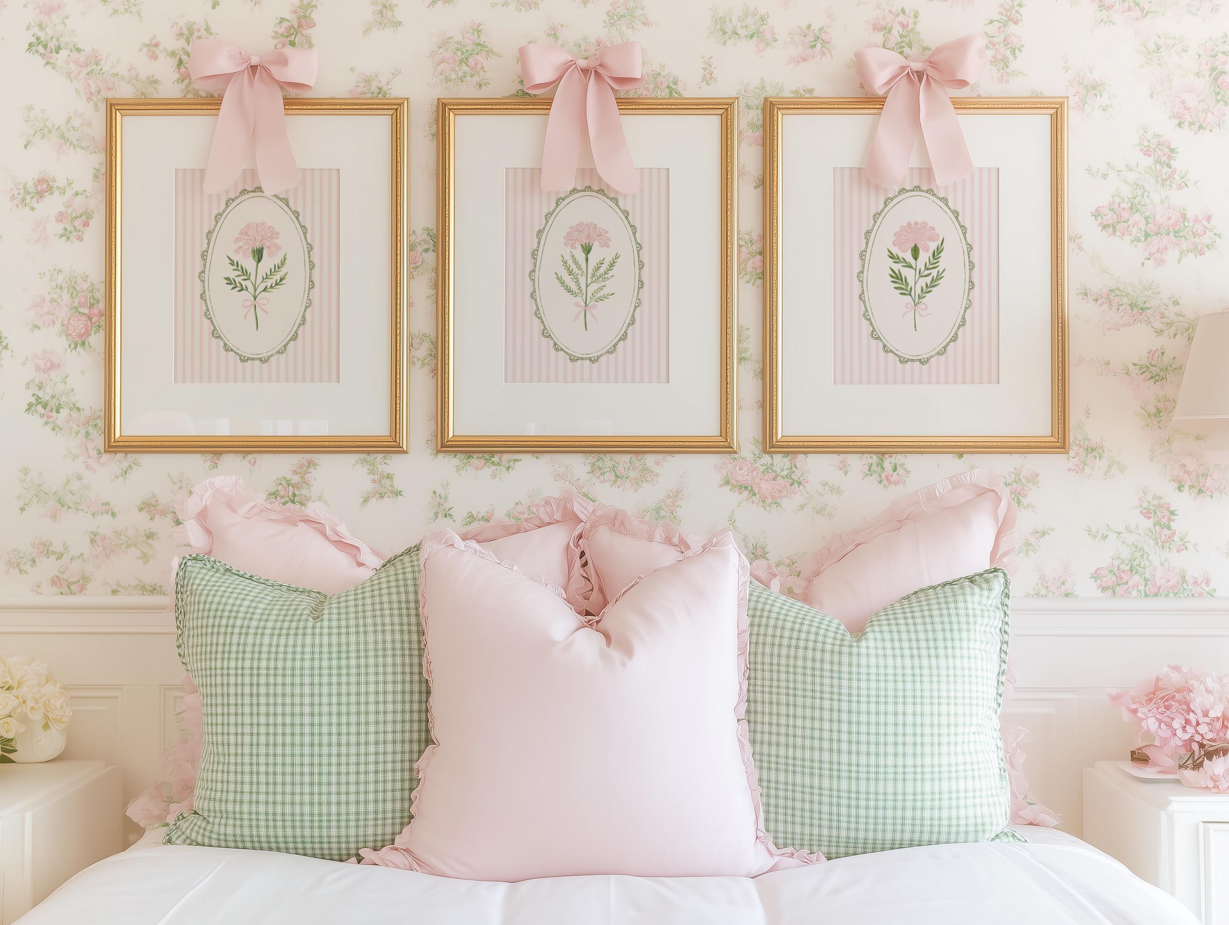 Pink and Green Floral Nursery Wall Art Set of 3, Vintage Botanical Baby ...