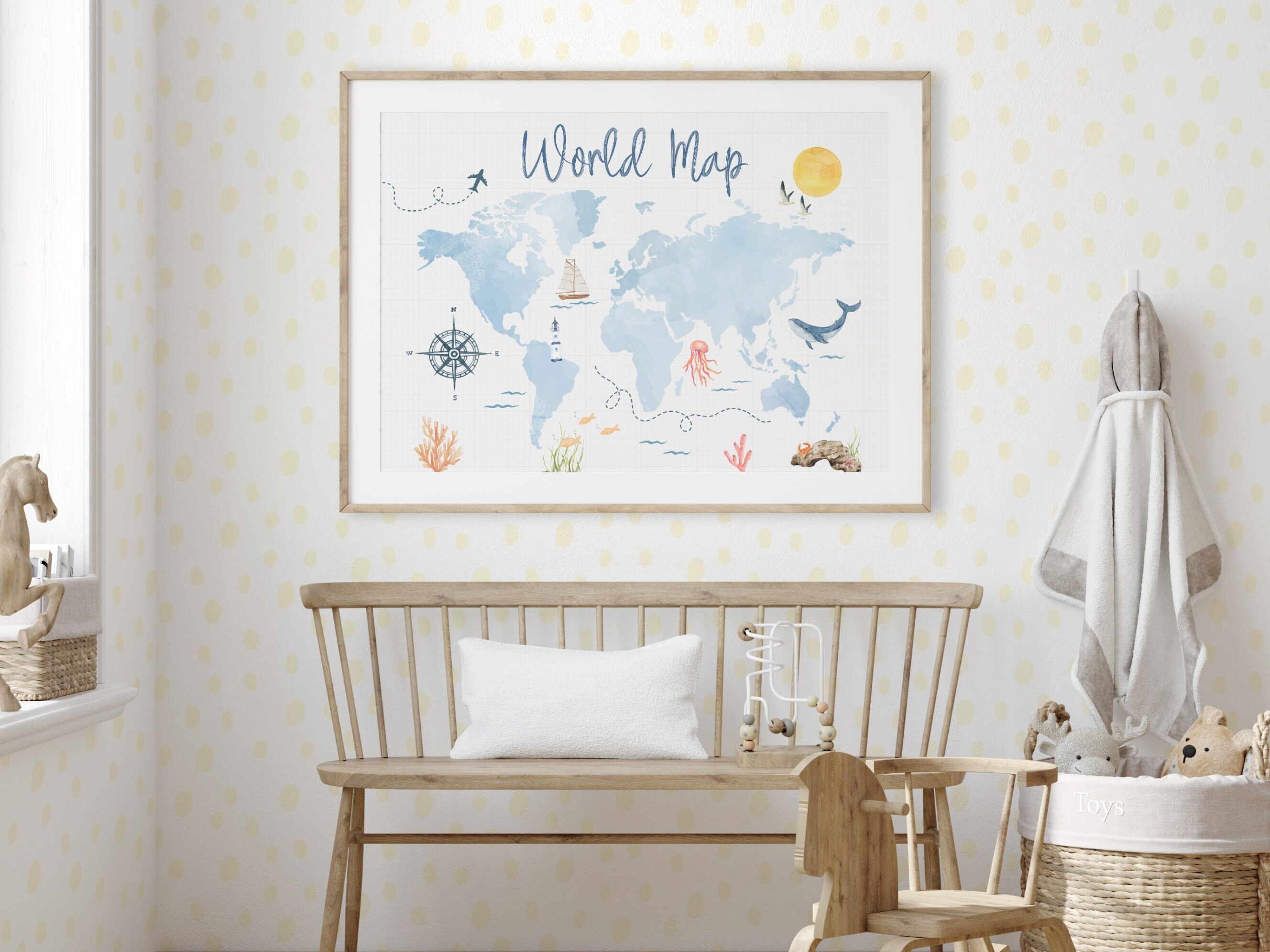 Nautical World Map Print, Under the Sea Nursery Print, Kids World Map ...
