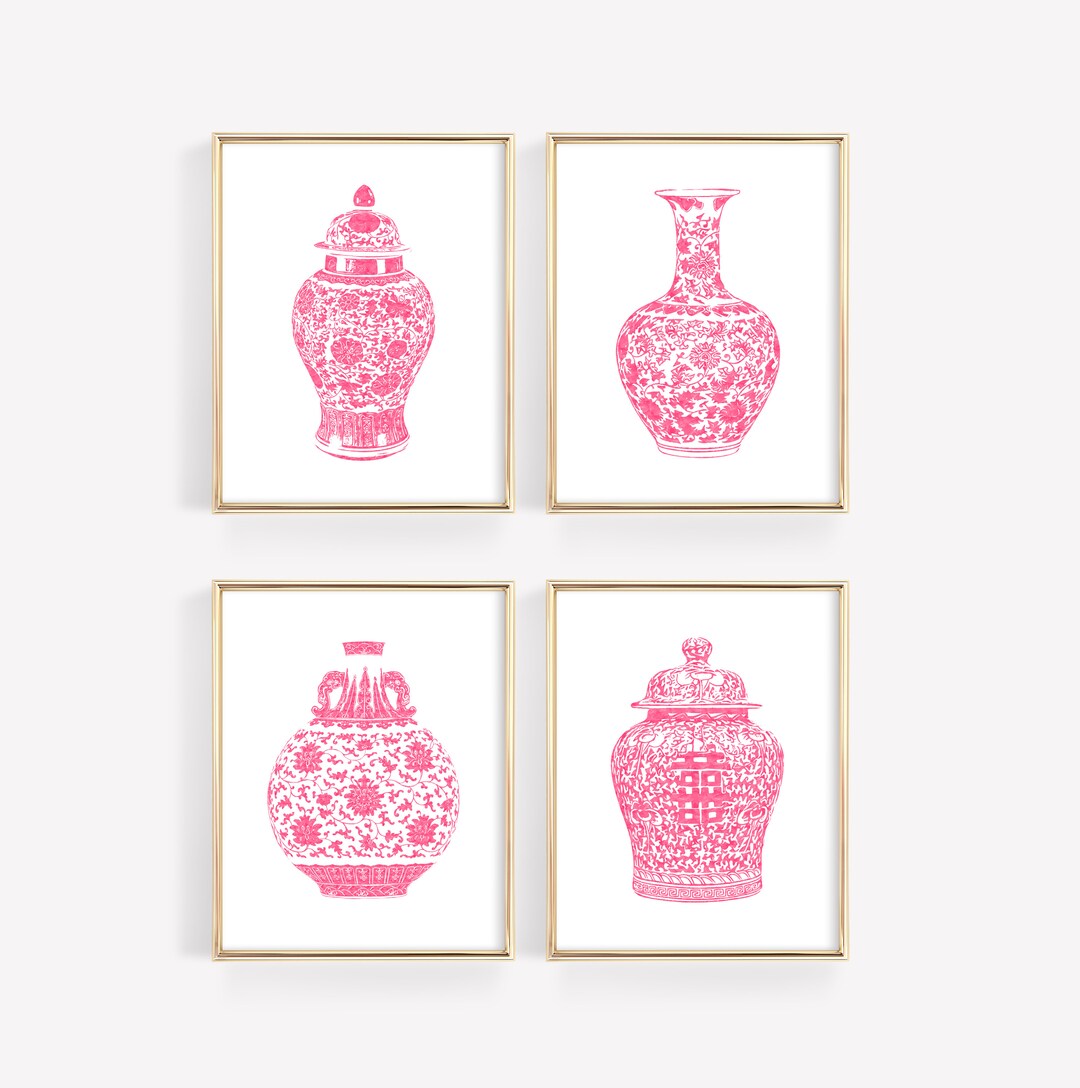 Watercolor Chinoiserie Vases, Pink Ginger Jar Art Prints, Pink ...