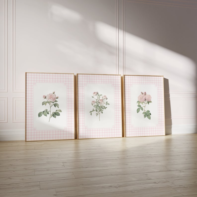 Pink Floral Nursery Print Set, Wildflower Nursery Decor, Gingham Wall ...