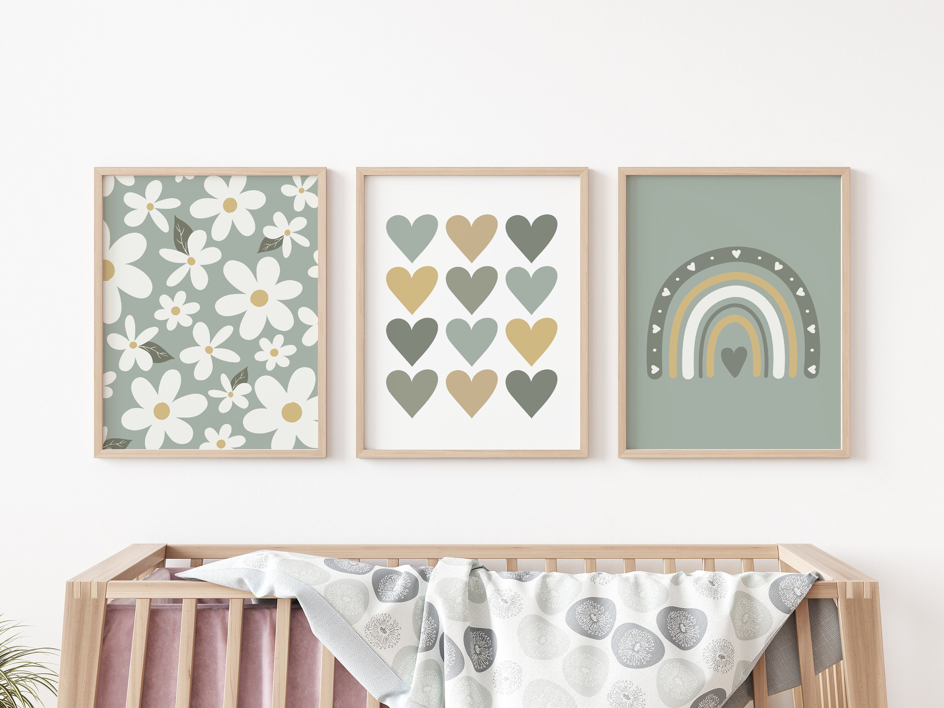 Set of 3 Sage Green Nursery Decor, Sage Green Yellow Nursery Art ...
