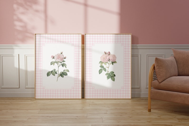 Pink Floral Nursery Print Set, Wildflower Nursery Decor, Gingham Wall ...
