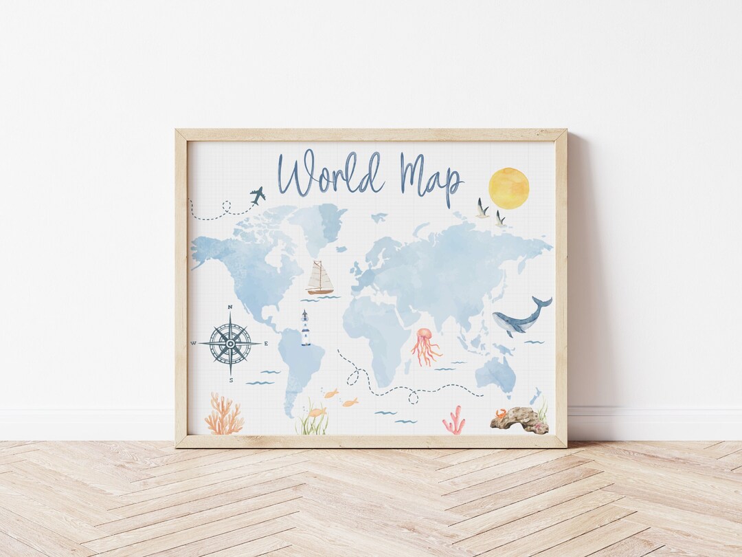 Nautical World Map Print, Under the Sea Nursery Print, Kids World Map ...
