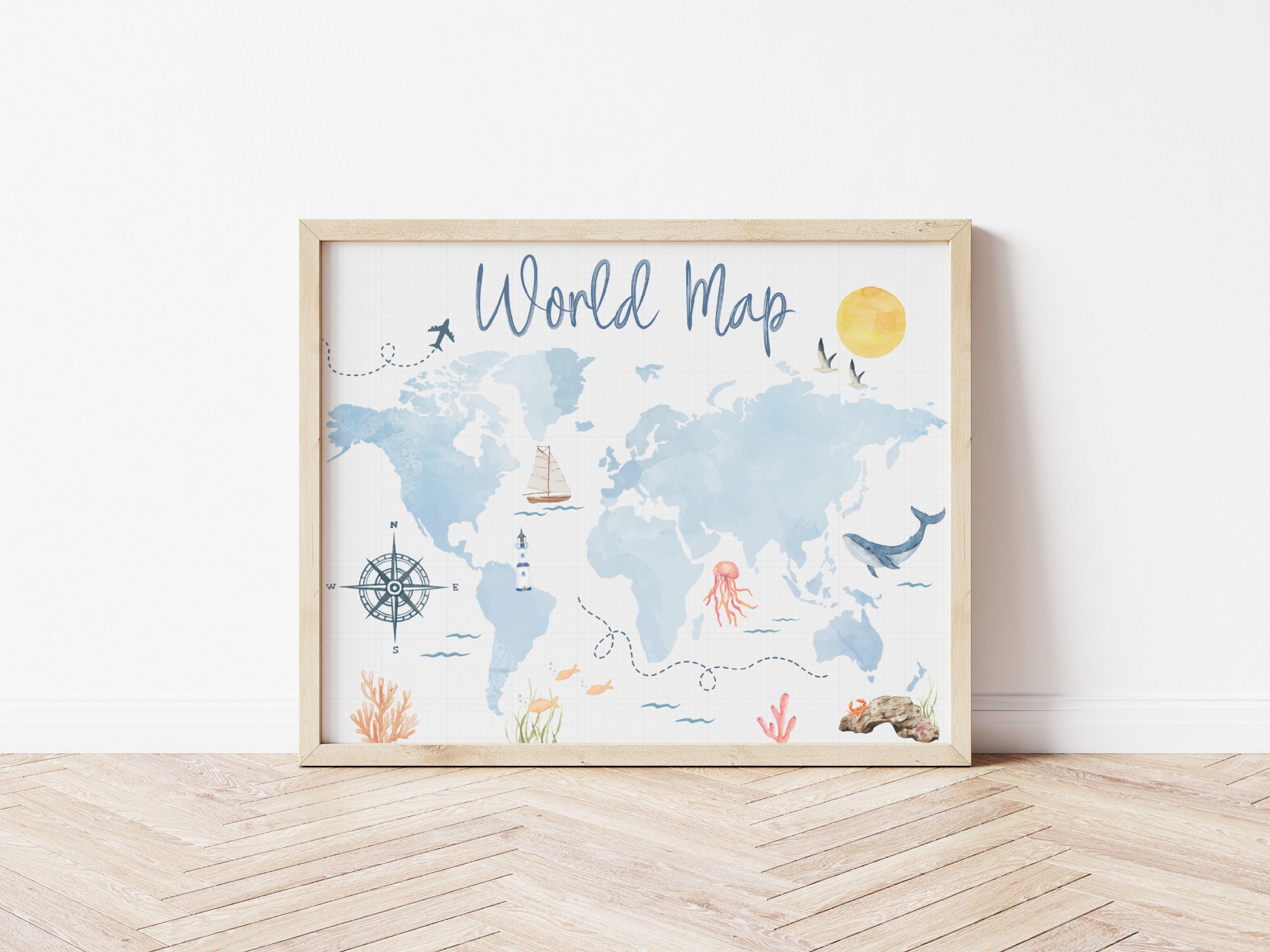 Nautical World Map Print, Under the Sea Nursery Print, Kids World Map ...