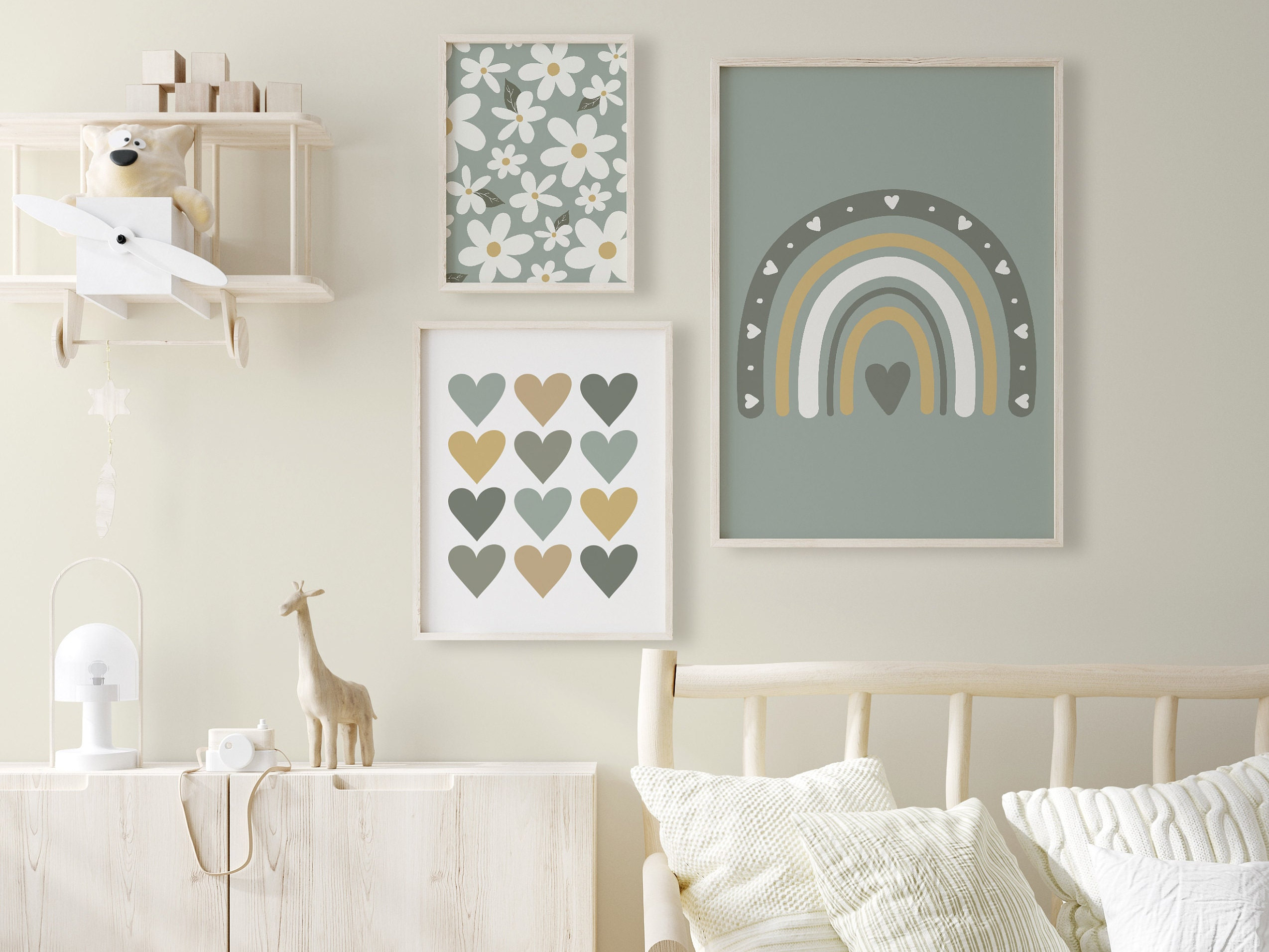 Set of 3 Sage Green Nursery Decor, Sage Green Yellow Nursery Art ...