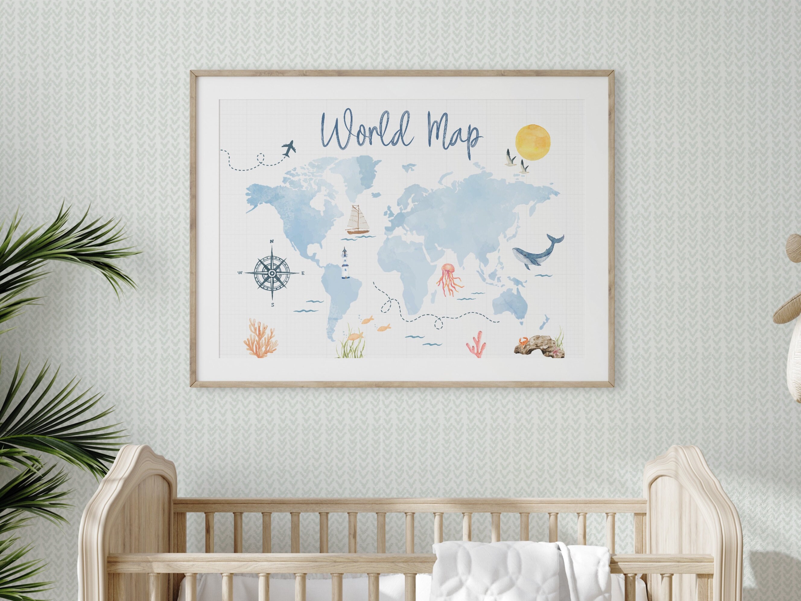 Nautical World Map Print, Under the Sea Nursery Print, Kids World Map ...