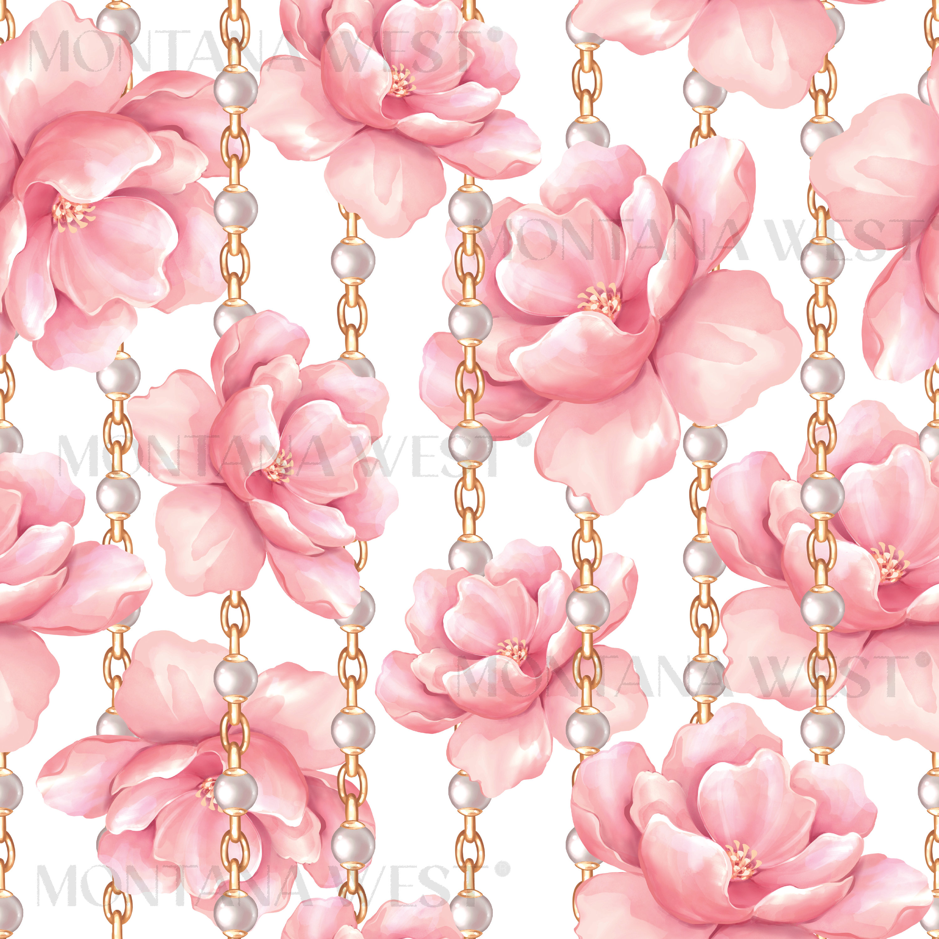Pink Flowers Gold Chains Seamless Pattern, Digital Watercolor Floral ...
