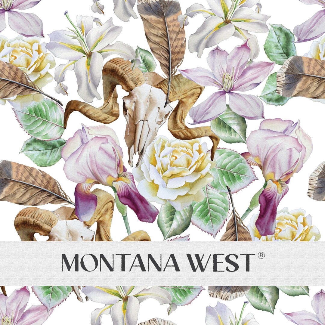 Floral Ram Skull Seamless Pattern, Digital Watercolor Ram Skull Flowers ...
