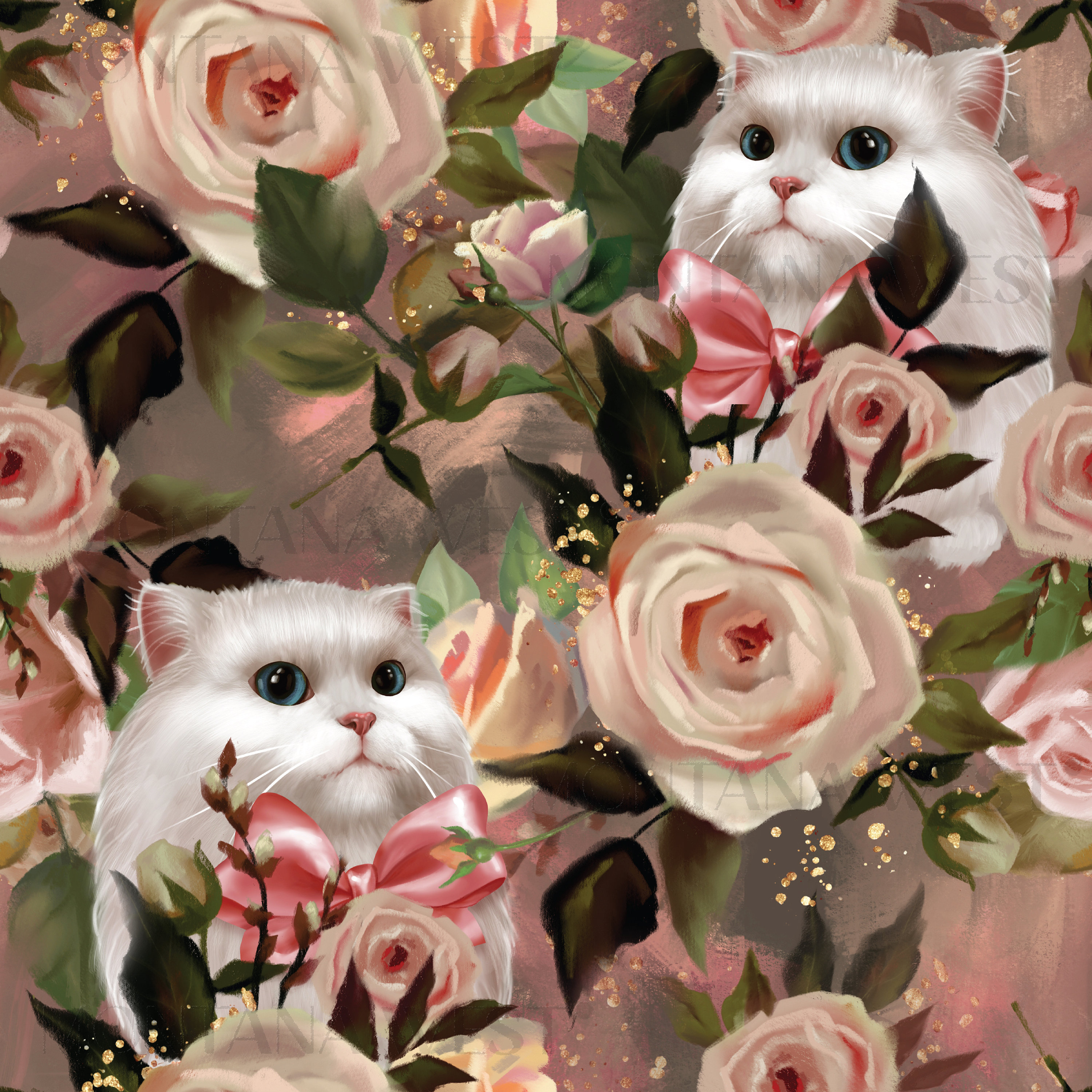Vintage Floral Cats Seamless Pattern, Digital Hand-drawn Cats and Roses ...