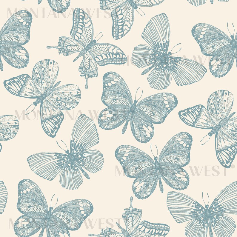 Vintage Blue Butterflies Seamless Pattern, Digital Hand-drawn Vintage ...