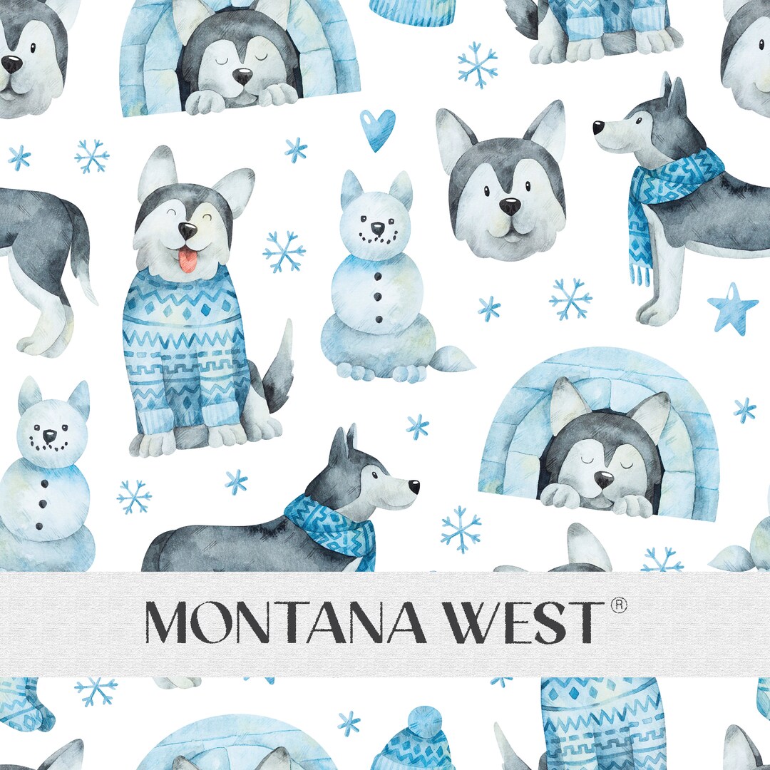 Cute Huskies Seamless Pattern, Digital Watercolor Cute Winter Huskies ...