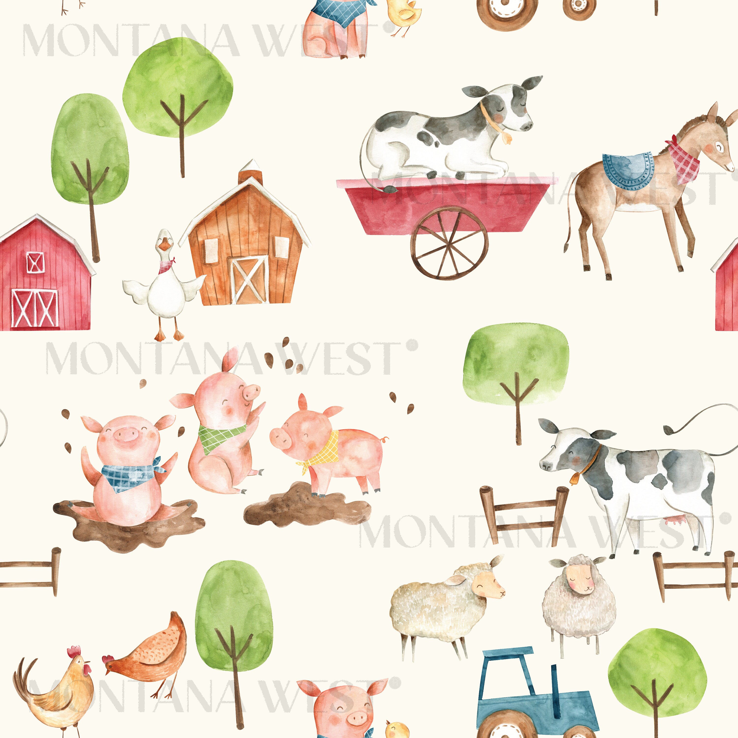 Baby Farm Animals Seamless Pattern, Digital Watercolor Baby Farm ...