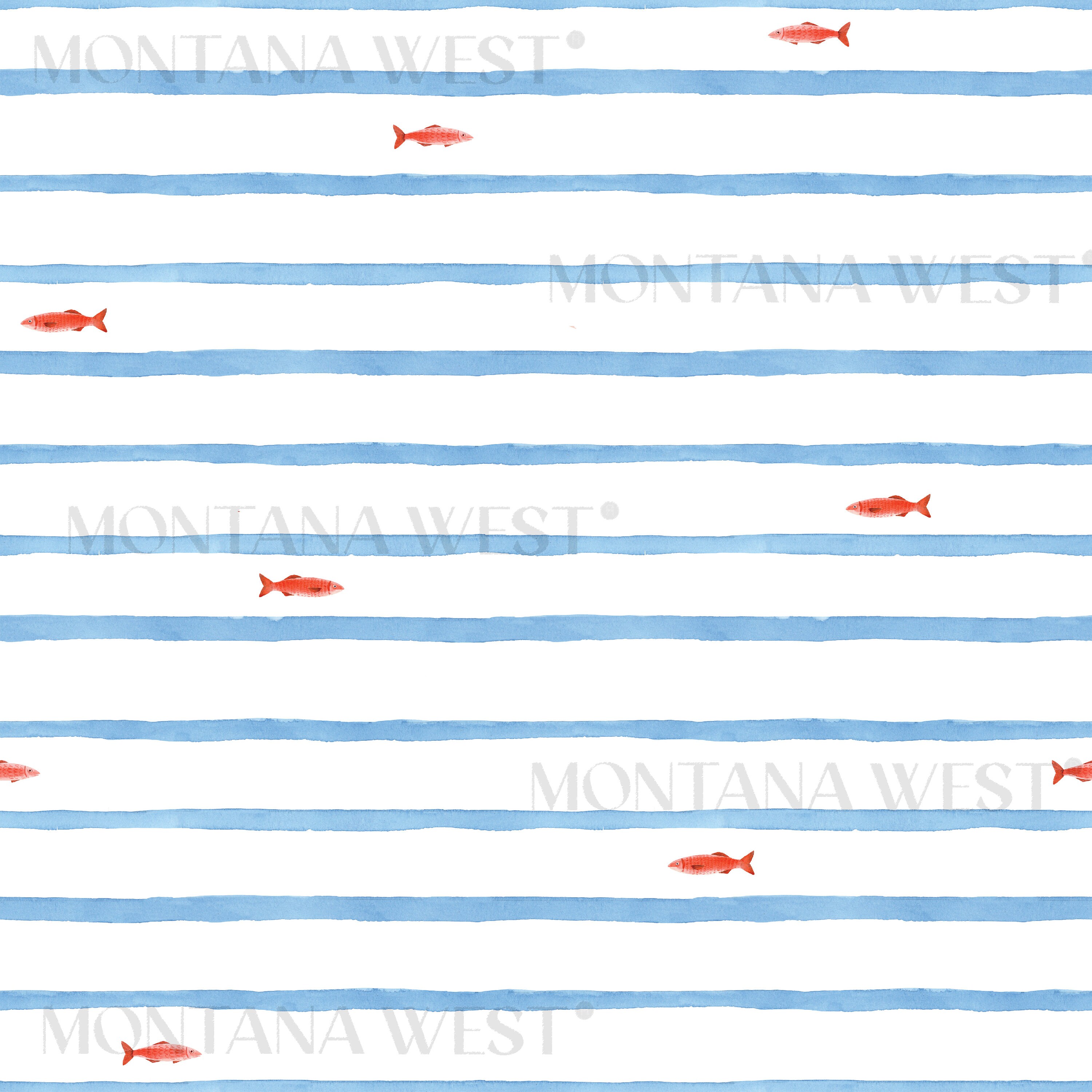 Stripes and Fish Seamless Pattern, Digital Watercolor Blue Stripes and ...