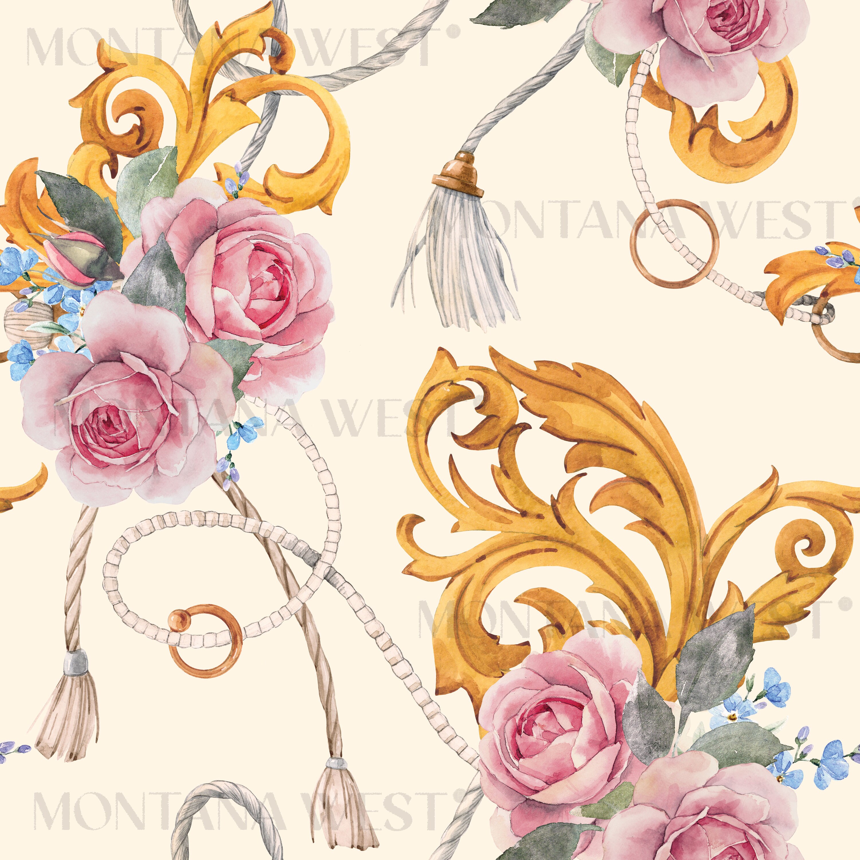 Glamorous Floral Seamless Pattern, Digital Watercolor Baroque Elements ...
