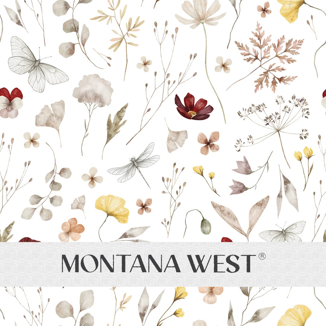 Wildflowers Seamless Pattern With Butterflies Dragonflies, Digital ...