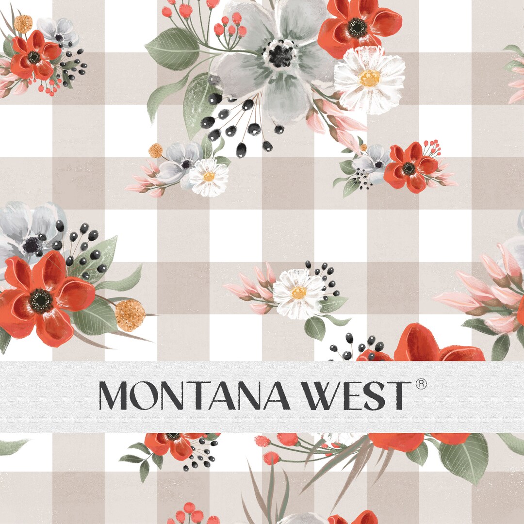 Beige and White Checker Gingham Floral Pattern, Watercolor Gingham ...