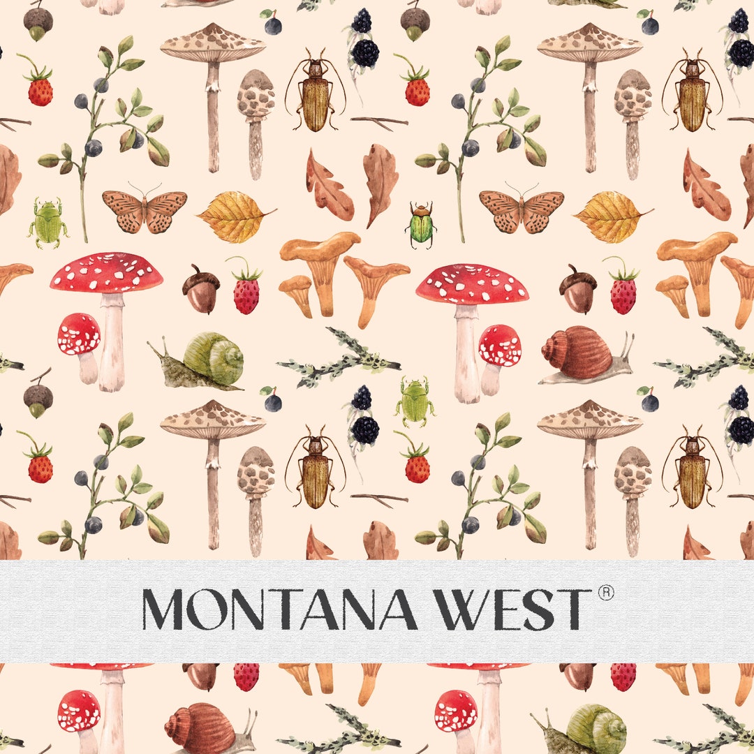 Autumn Elements Seamless Pattern, Digital Watercolor Autumn Mushrooms Berries Snails Butterflies ...