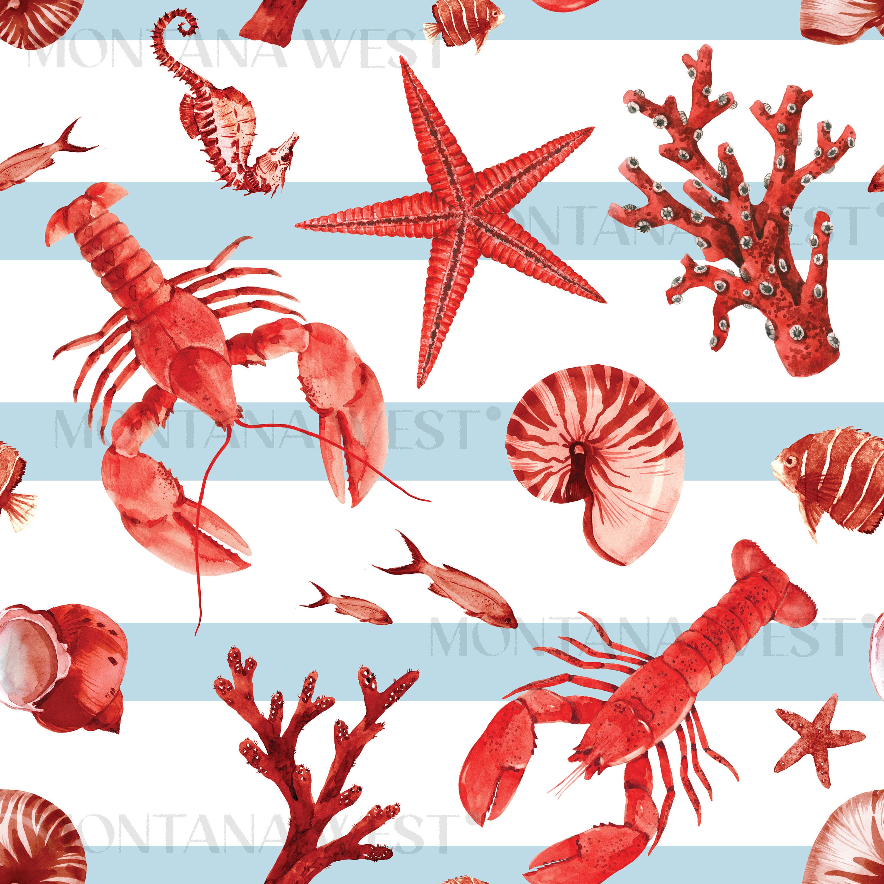 Red Sea Elements Seamless Pattern, Digital Watercolor Nautical Lobster ...