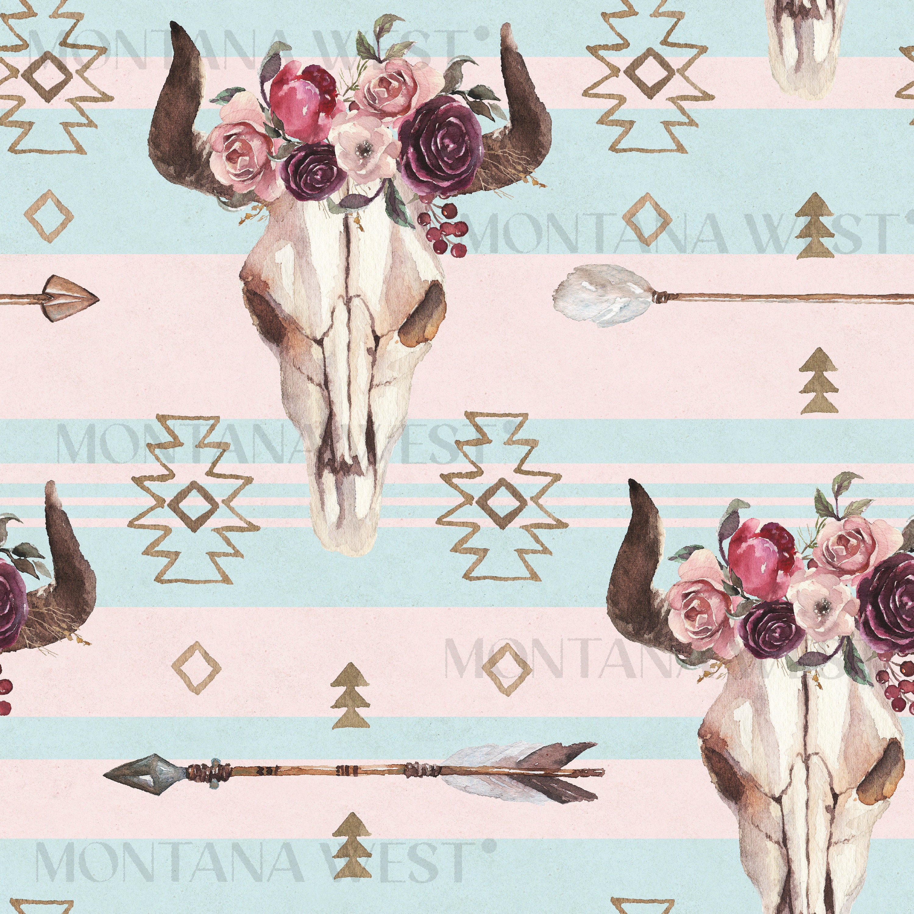 Bull Skull Horns Seamless Pattern, Digital Striped Floral Bull Horns ...
